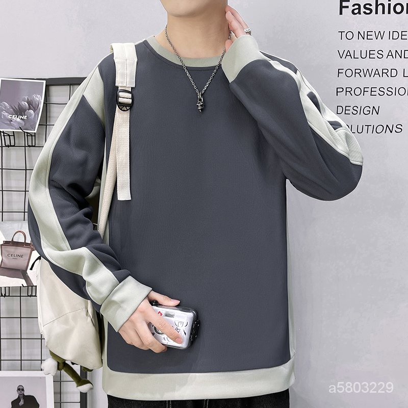 【M-5XL】圓領上衣 大學t 簡約百搭印花大學t 圓領加絨長袖T恤套頭衛衣 法國羅紋雙色衛衣男士圓領日係百搭簡約上衣 | 蝦皮購物