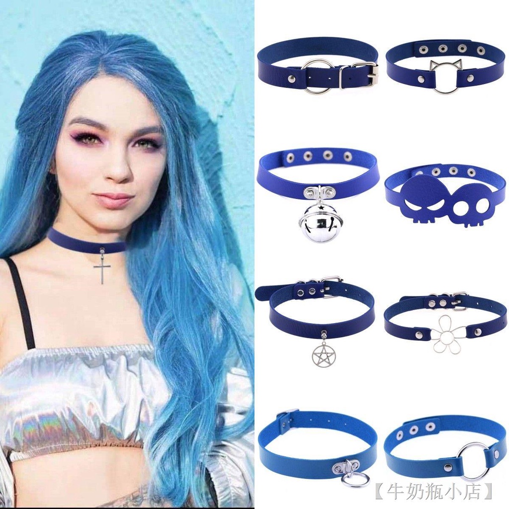 項圈 湖藍色皮質項圈choker 頸鏈 鈴鐺cosplay女仆學生動漫JK辣妹項鏈【牛奶瓶小店】 | 蝦皮購物