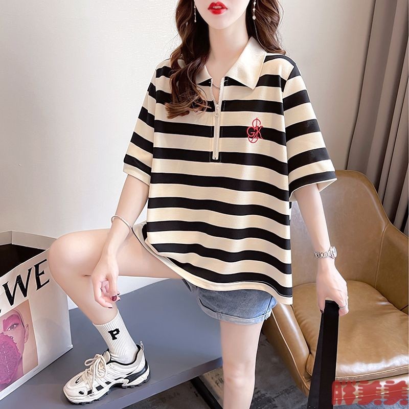 【M-5XL大尺碼】大尺碼上衣 短袖POLO衫女 寬鬆顯瘦夏季新款條紋polo衫女短袖T恤上衣200斤胖mm大碼寬鬆遮肉 | 蝦皮購物