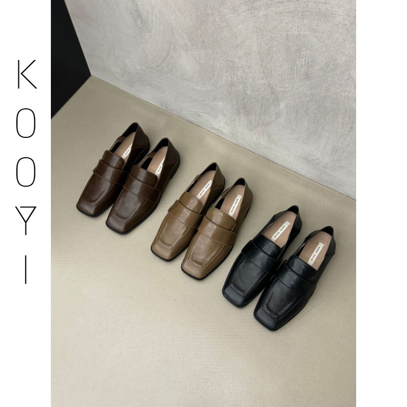 kooyi-英倫風小皮鞋 方頭低跟2公分 平底樂福鞋 咖色,黑色,棕色 | 蝦皮購物