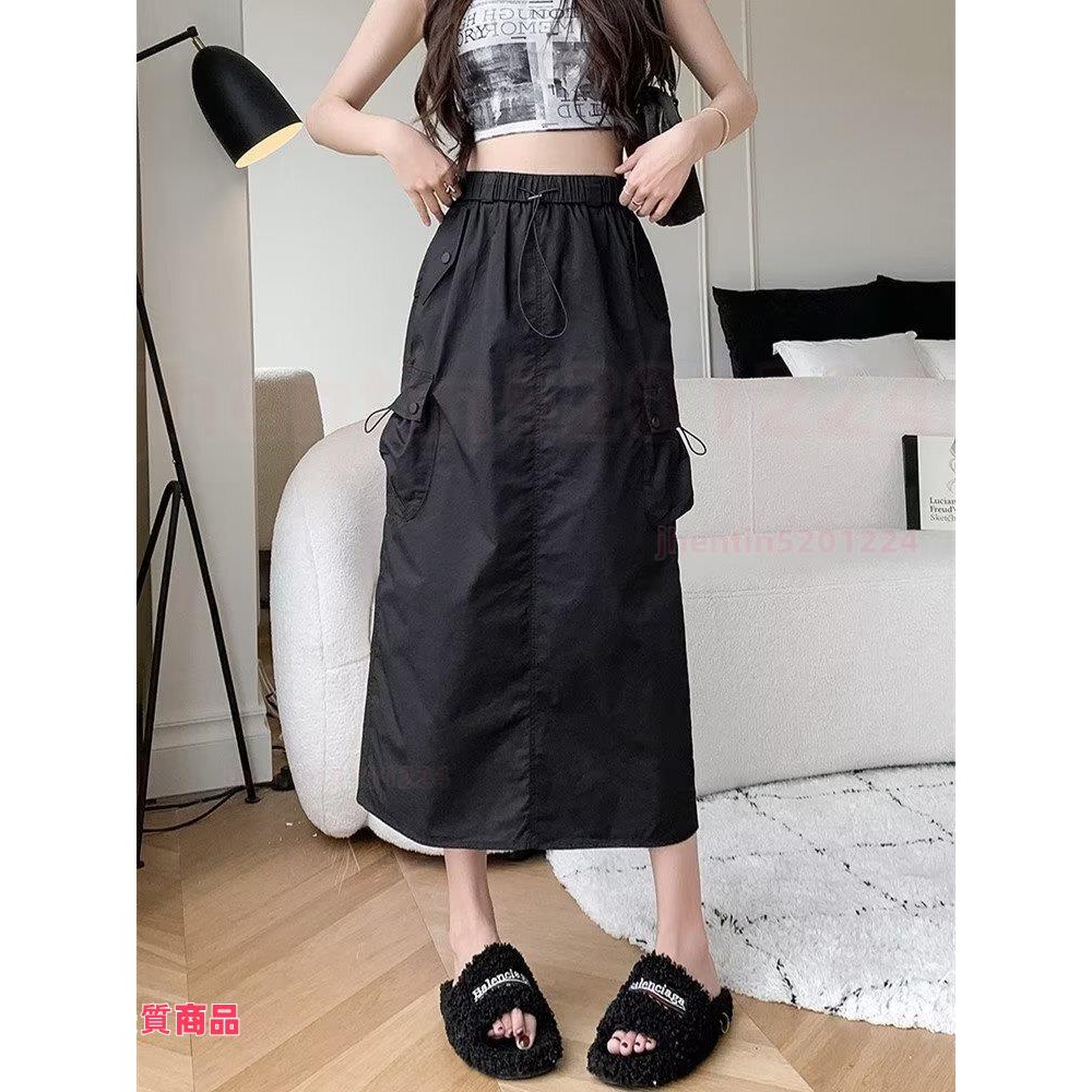 M-5XL 大尺碼胖mm美式工裝裙女松緊腰抽繩休閑百搭A字中長款開叉半身裙 | 蝦皮購物