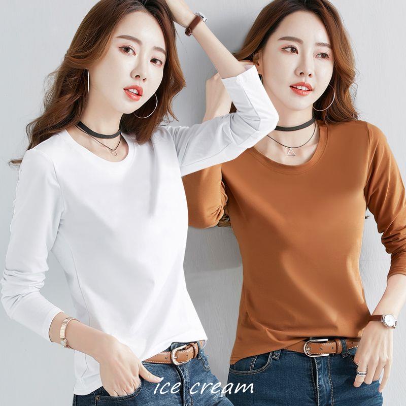 S-4XL 大尺碼長袖 纯棉长袖t恤女白色内搭打底衫春秋2023年新款洋气薄款黑色上衣ins-冰淇淋 | 蝦皮購物