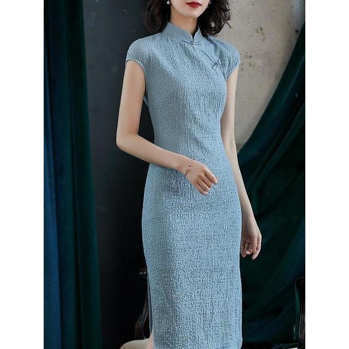 【梨mm】S-4XL 大尺碼洋裝 裙裝 旗袍洋裝 改良式旗袍 連衣裙 復古中國風旗袍 大碼女裝 顯瘦長裙 純色中長款 | 蝦皮購物