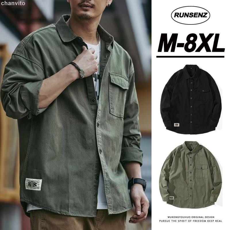 高CP M8XL 高品質純棉長袖襯衫 日系大尺碼工裝襯衫男 寬鬆休閒 口袋工作上衣 綠色長袖襯衫 男生 男生薄外套 | 蝦皮購物