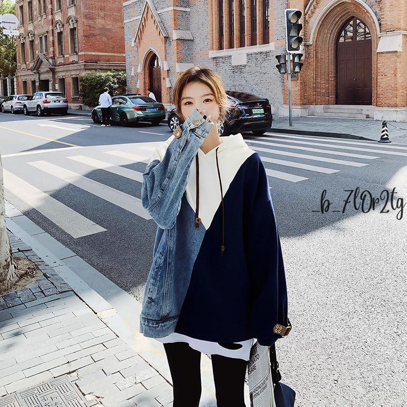 拼接大學T 胖mm2-300斤大碼三色牛仔拼接衛衣女春季時尚炸街小個子連帽上衣 | 蝦皮購物