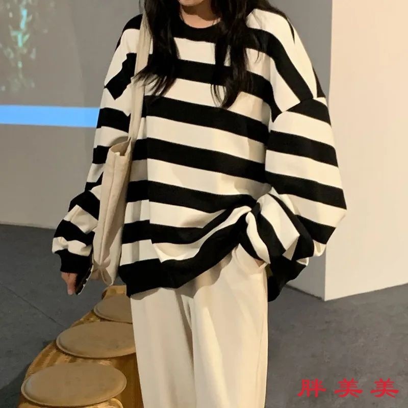 【M-5XL大尺碼】大尺碼上衣 長袖上衣 大學T 長袖T恤 胖mm韓版條紋衛衣女套頭大碼2-300斤秋季薄款寬鬆bf慵懶 | 蝦皮購物