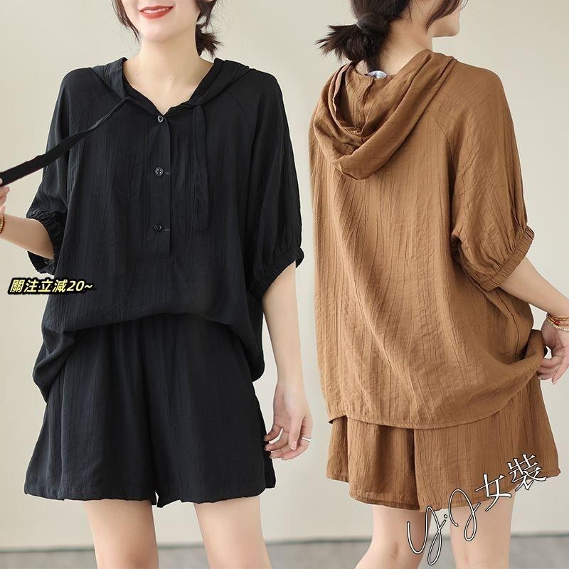 【Y·J】L-5XL 大碼休閑時尚套裝女夏季寬鬆連帽短袖上衣遮肉顯瘦短褲胖mm兩件套5855 | 蝦皮購物