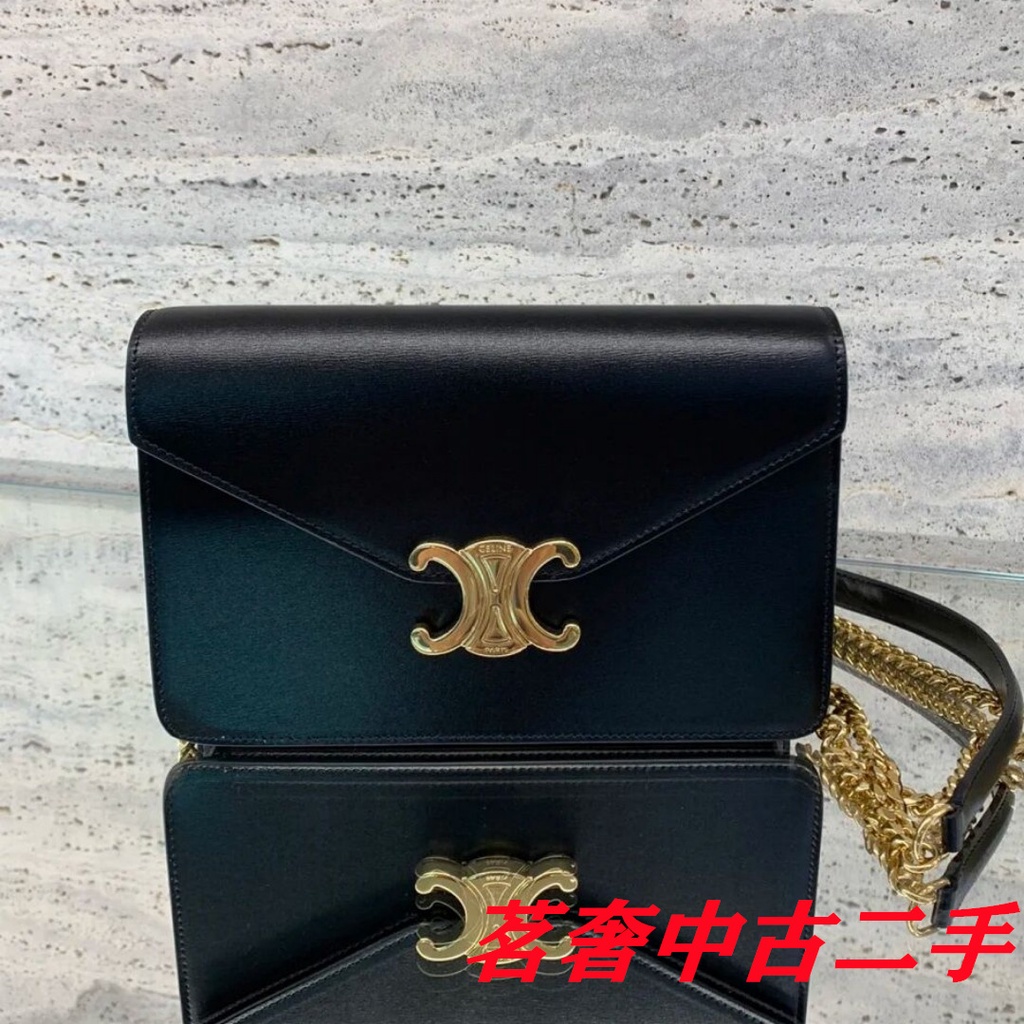CELINE 賽琳 TRIOMPHE WOC 黑色皮革 金扣 肩背包 斜挎包 鏈條包 10L033 | 蝦皮購物
