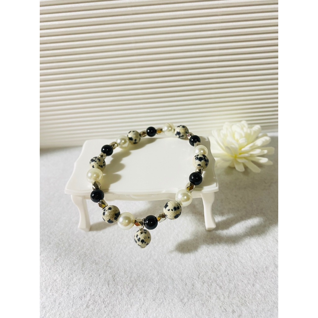 (台灣現貨24H快速出貨) 8mm斑點石+6mm黑碧璽設計款手鍊#仿珍珠#吊飾#水晶#禮物 | 蝦皮購物