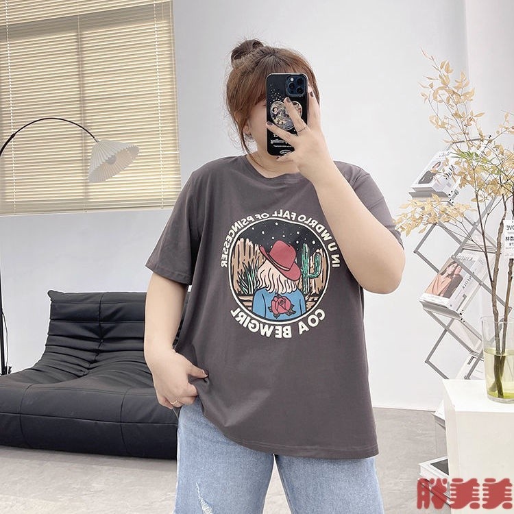 【M-5XL大尺碼】大尺碼上衣 短袖t恤 胖子 寬鬆顯瘦 200斤夏季韓版新款大碼女士休閒上衣胖MM寬鬆卡通女孩印花短袖 | 蝦皮購物