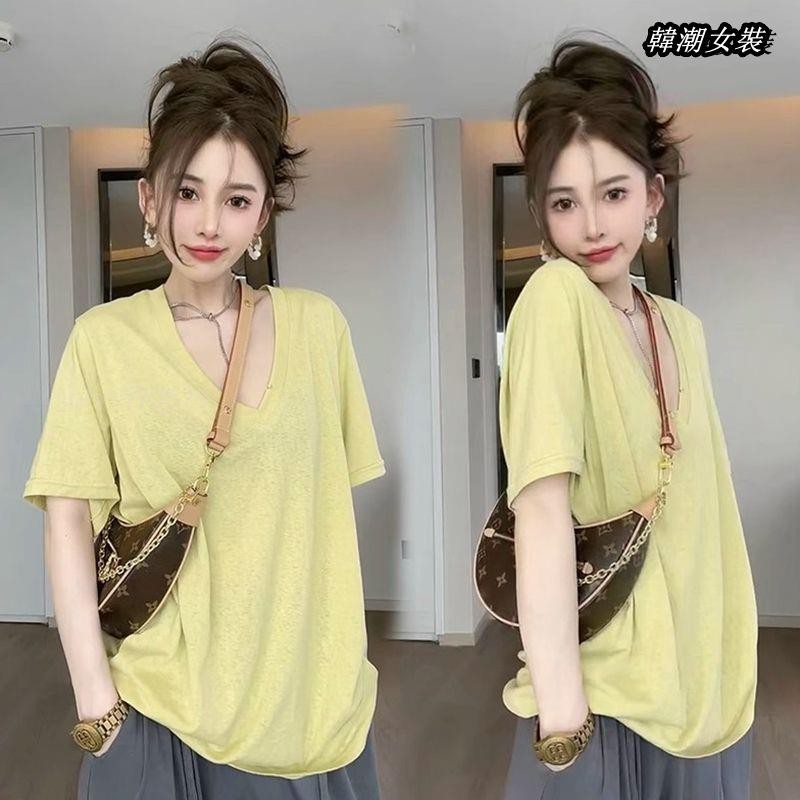 【大尺碼女裝M-5XL 40-150kg】胖MM大尺碼女裝300斤慵懶風V領素色短袖T恤女夏季寬鬆休閒遮肉上衣潮2 | 蝦皮購物