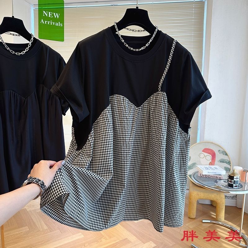 【M-5XL大尺碼】大尺碼上衣 大學T 短袖t恤 特大碼300斤學院風輕奢弔帶拚接T恤女短袖胖mm寬鬆休閒假兩件上衣 | 蝦皮購物