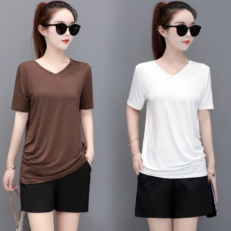 ♦M-5XL 200斤可穿大尺碼 短板上衣 寬鬆上衣 莫代爾/ V領上衣 T恤女 短袖薄款 大碼100公斤 純色 黑#1 | 蝦皮購物