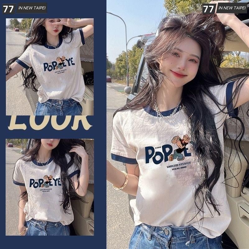 【77】M-4XL 大尺碼美式復古正肩T恤 女士T恤 短袖 白色寬鬆薄款上衣 夏季新款ins潮 印花T恤 撞色T恤 T恤 | 蝦皮購物