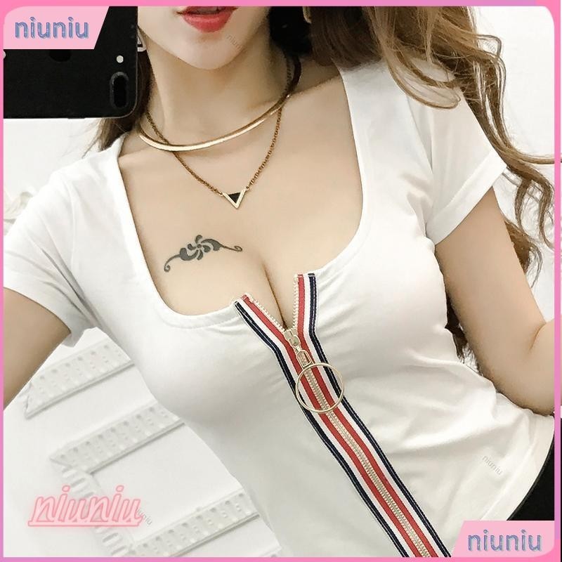 【Niu】台灣發貨 M-4XL 大尺碼女生短袖T恤低胸漏胸彩色拉鍊胖mm短版顯胸緊身大U領上衣學院風時尚百搭 | 蝦皮購物