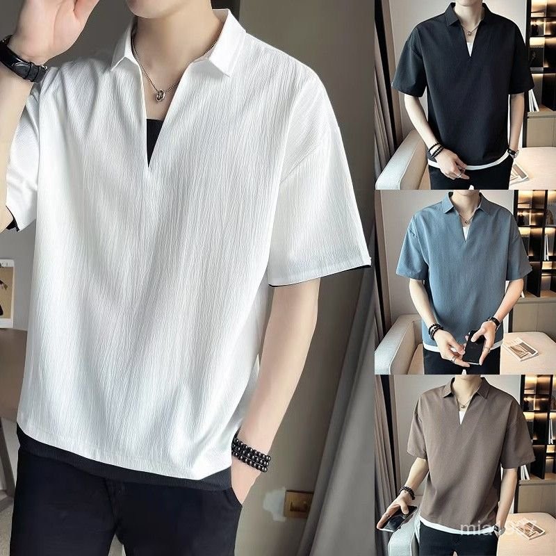 假兩件短袖男夏季潮牌痞帥冰絲V領T恤2023新款夏裝半袖上衣POLO衫 BDJH | 蝦皮購物