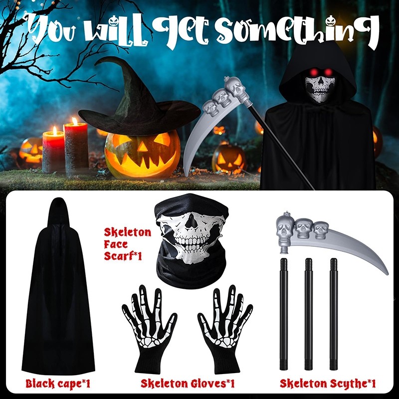 Unisex Halloween Hooded Cloak Set, Scythe, Skull Mask, Skele | 蝦皮購物