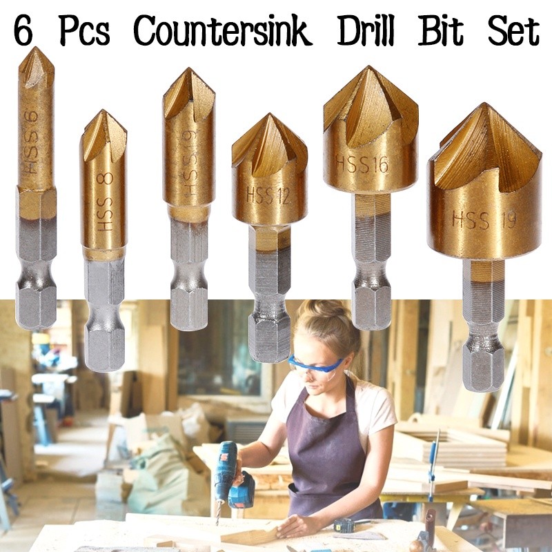 6 Pcs Countersink Drill Bit Set 1/4'' Hex Shank HSS 5 Flute | 蝦皮購物