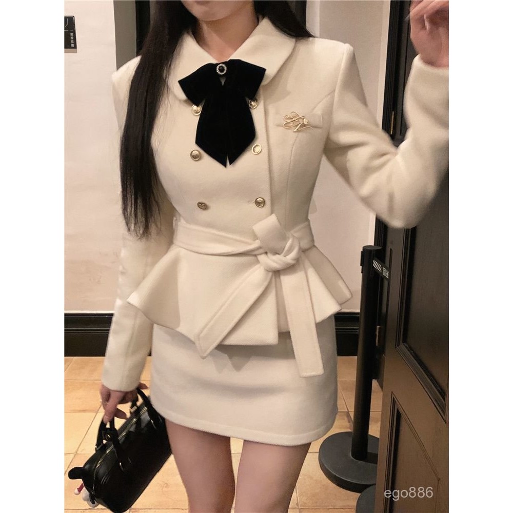 蝴蝶結法式韆金顯瘦氣質外套高腰半身裙兩件套女秋冬季新款套裝潮I22 | 蝦皮購物