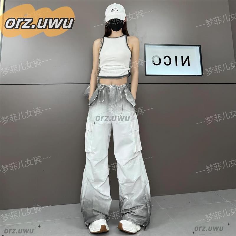 【台灣出貨】夏季 歐貨漸變色 暈染 顯瘦 工裝褲 寬鬆 口袋 闊腿 褶皺 休閒褲 女YYDS | 蝦皮購物