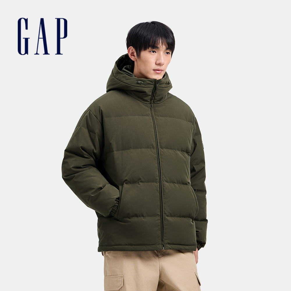 Gap 男裝 Logo連帽羽絨外套-墨綠(677652) | 蝦皮購物