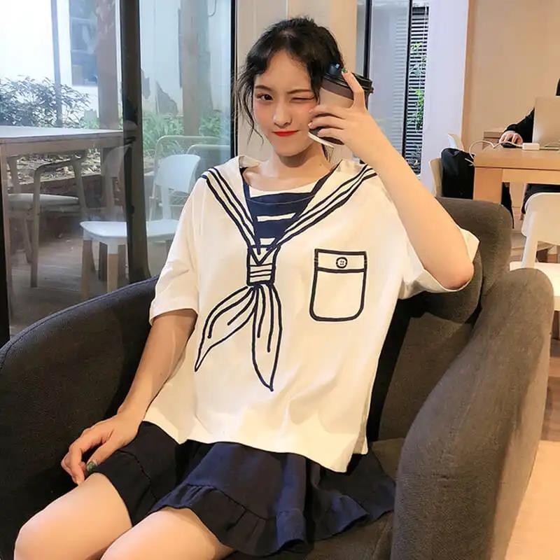 【Seeryn】M~4XL 大尺碼 女生短袖體恤 韓版 寬鬆 胖MM 海軍領 學院風 時尚百搭 ins潮 印花 個性 上 | 蝦皮購物