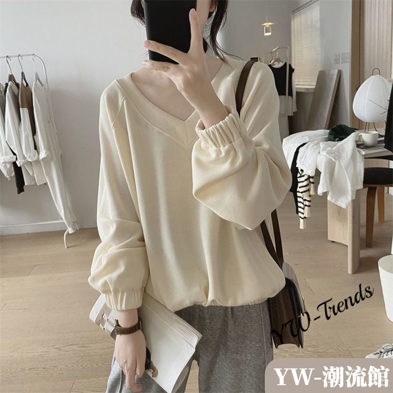【YW】設計感V領長袖T恤女 衛衣女 大學T 秋冬穿搭 新款寬鬆大碼顯瘦上衣 胖mm長袖上衣 女生上衣 女裝 4XL | 蝦皮購物