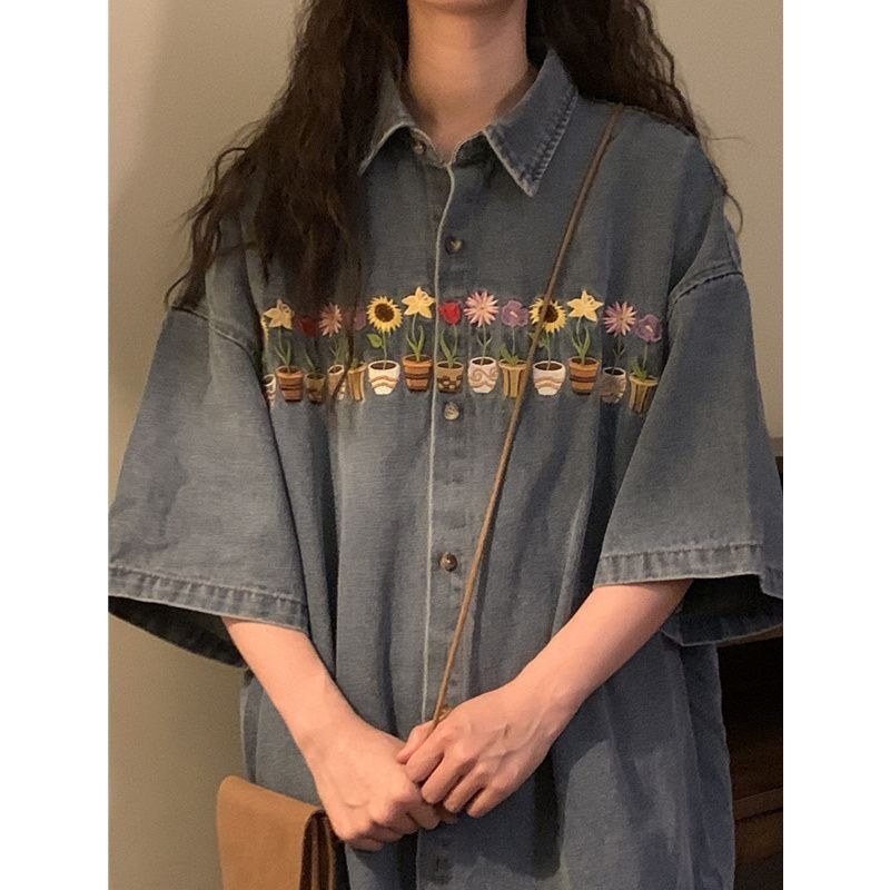 大碼女裝L-4XL 胖MM150KG 大尺碼短袖 外套ins 牛仔襯衫女 春夏美式 復古 刺繡水洗做舊 | 蝦皮購物