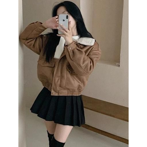 Codibook｜韓國 LOVENSOME 寬鬆內刷毛麂皮絨面短版外套 2色[預購]拉鍊外套 飛行員夾克 女裝 | 蝦皮購物