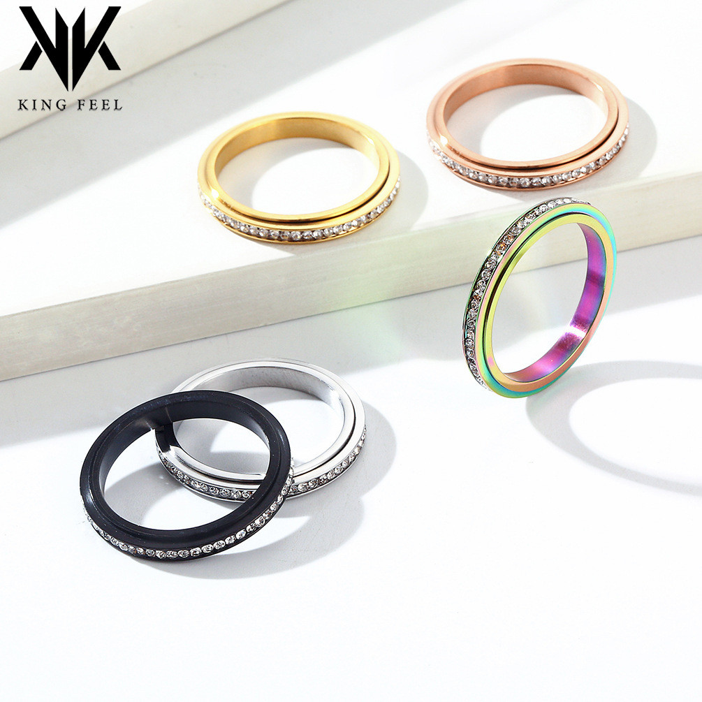 米蘭 INS簡約3mm週圈滿鑽可旋轉鈦鋼戒指環輕奢氣質堆疊佩戴解壓女尾戒 | 蝦皮購物