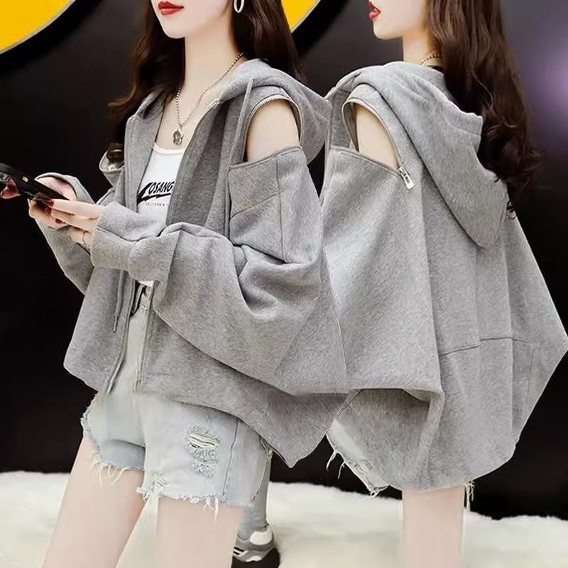 【Seeryn】M-4XL 大尺碼女生長袖外套甜辣妹短版上衣薄款新款外穿時尚百搭ins潮連帽露肩鏤空 | 蝦皮購物