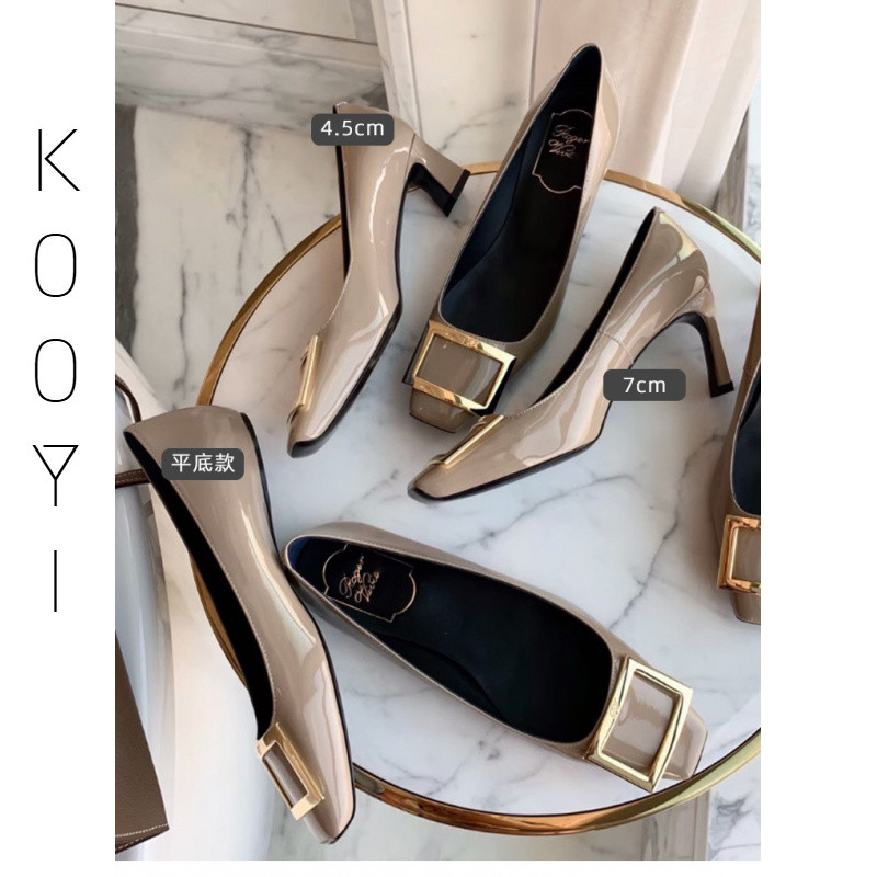 kooyi 方扣漆皮性感高跟鞋女 精品牛皮細跟方頭跟鞋 淺口真皮休閒通懃鞋 杏色 黑色 紅色 | 蝦皮購物