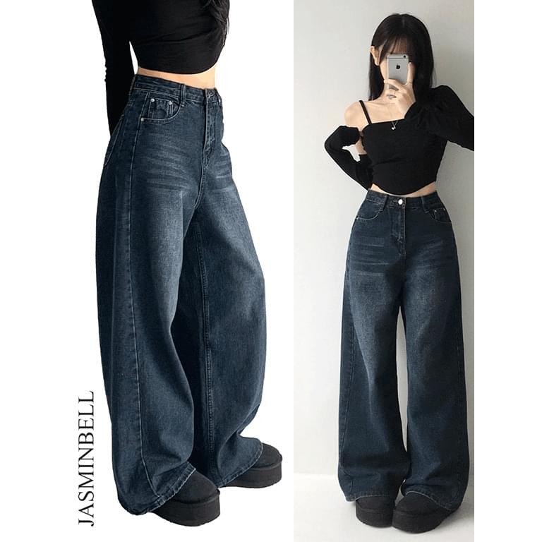 Codibook｜韓國 JASMINBELL 復古水洗高腰寬鬆丹寧牛仔長褲[預購]牛仔褲 女裝 | 蝦皮購物