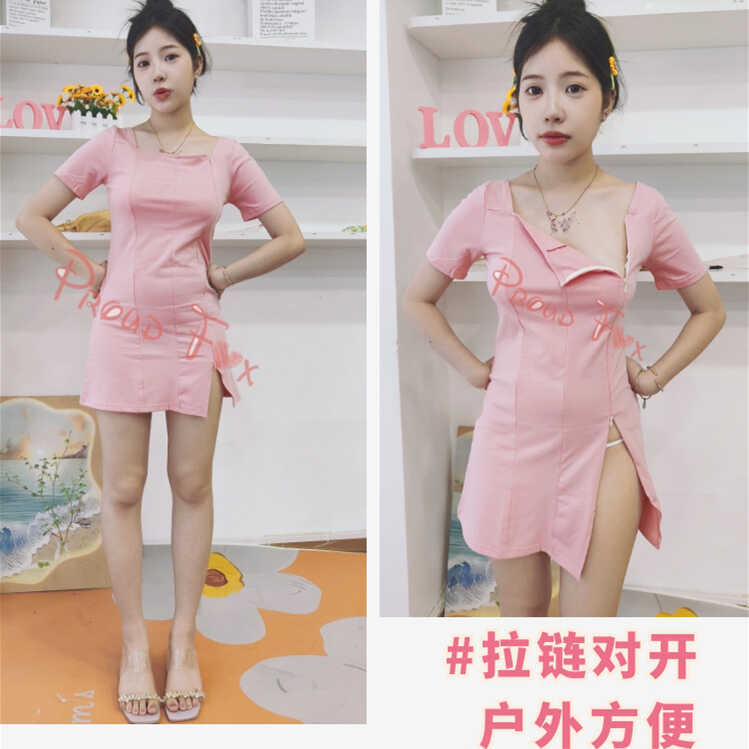 臺灣出貨 proudfox她秘戶外露小出方便少女粉色連衣裙隱形拉鏈高開叉 | 蝦皮購物