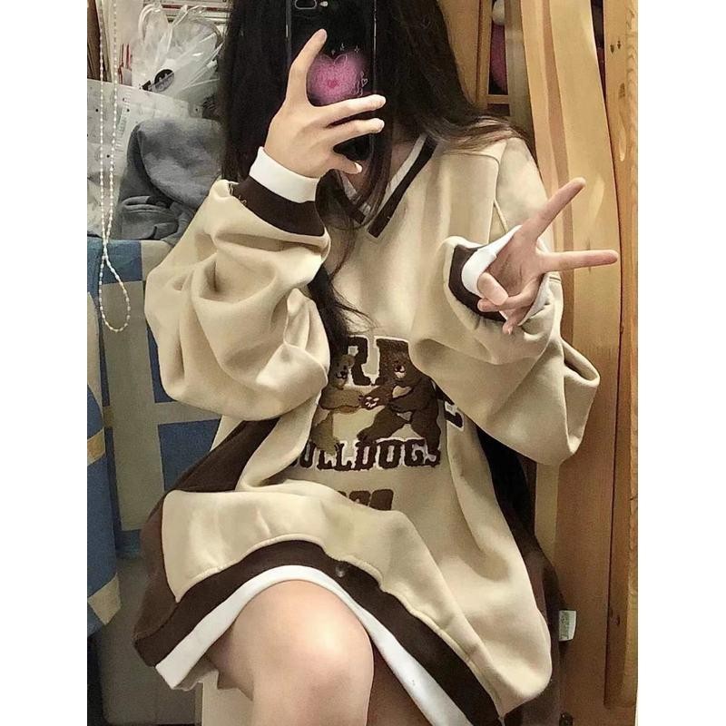 大尺碼女裝女上衣 t恤女 美式超大碼胖MM2-300斤寬松v領衛衣春秋季休閑顯瘦長袖上衣ins潮秋冬女生上衣 | 蝦皮購物