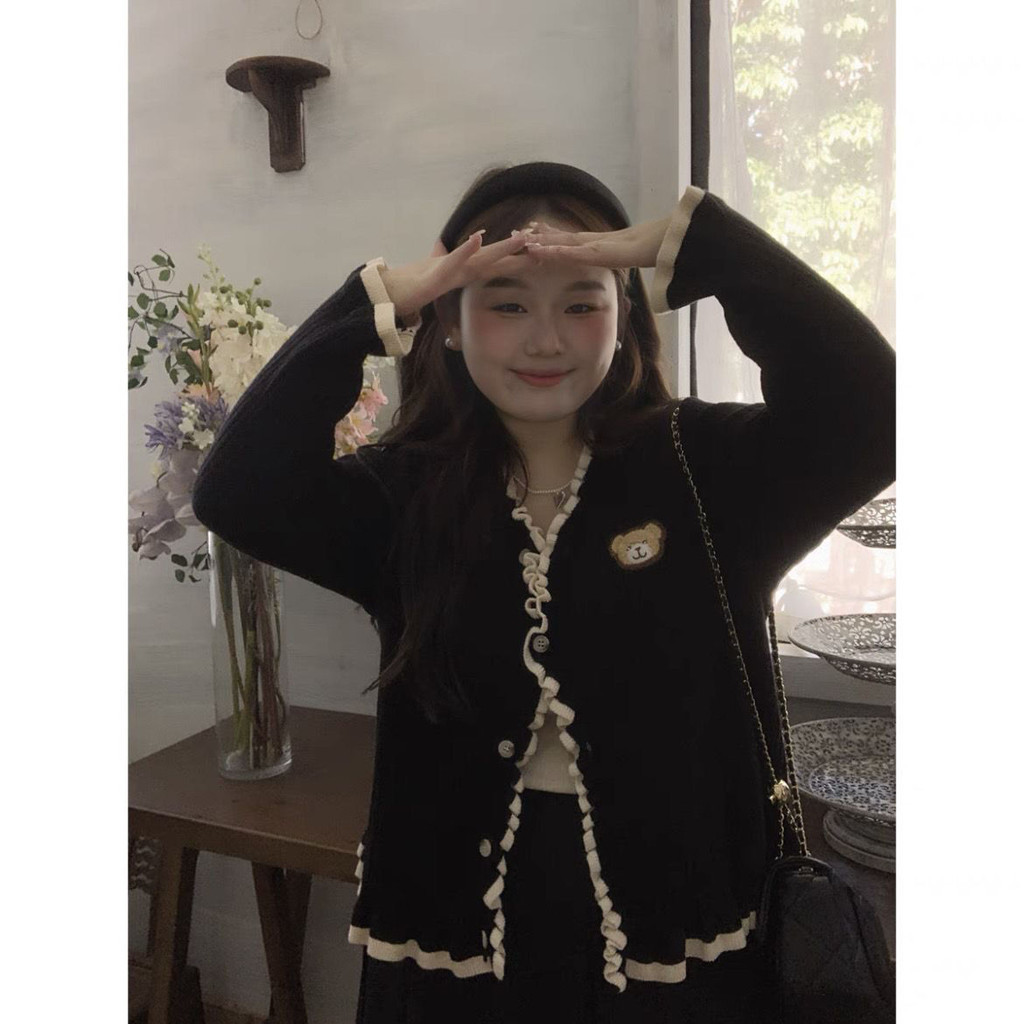 【Seeryn】L-4XL 大尺碼胖mm 小香風外套 可愛小熊 木耳邊 網紅 秋季 爆款 休閒 簡約 | 蝦皮購物