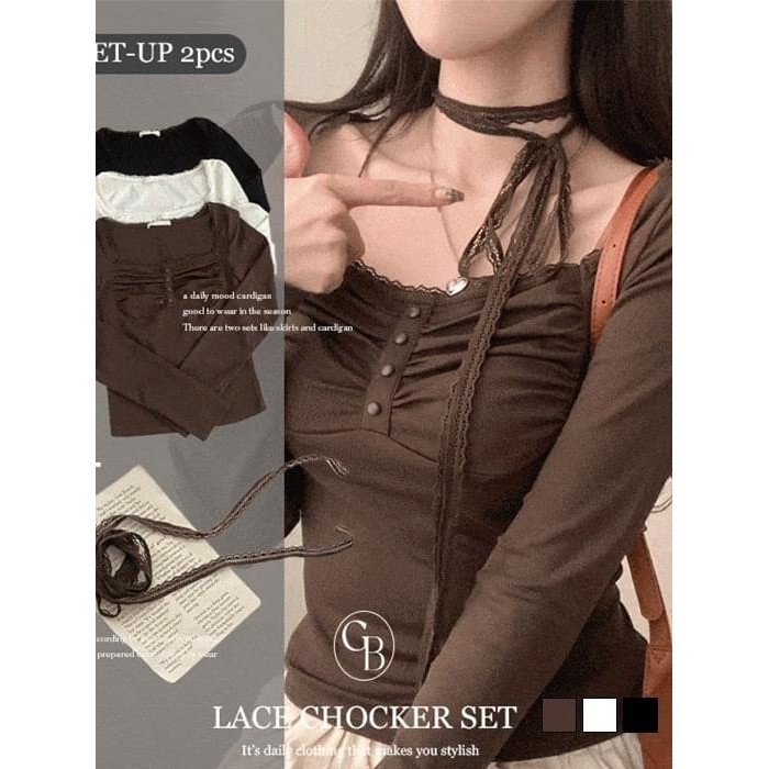 Codibook｜韓國 gifteabox 蕾絲圍巾拼接方領長袖T恤[預購]長袖上衣 T恤 女裝 | 蝦皮購物