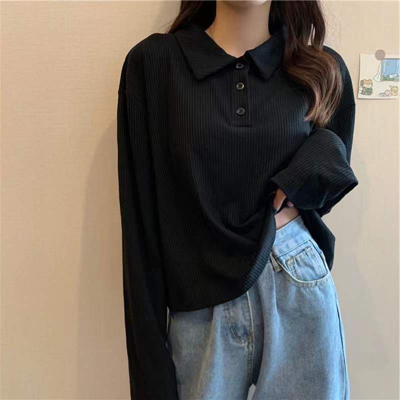 【Seeryn】L~4XL 大尺碼 女生長袖polo衫 韓版 寬鬆 翻領 上衣 學院風 時尚百搭 ins潮 遮肚 內搭 | 蝦皮購物