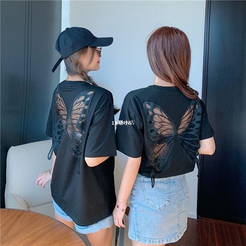 【免運】戀色* M2XL大碼T恤 80公斤純棉 短袖 T恤 女 夏季 蝴蝶刺繡 後背 鏤空 露背 寬鬆 上衣 | 蝦皮購物