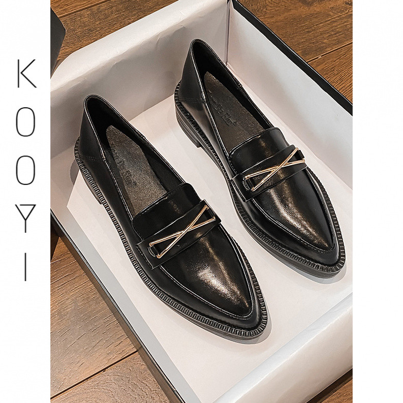 kooyi 英倫風小皮鞋女 秋冬粗跟樂福鞋大碼41-43 黑色 | 蝦皮購物