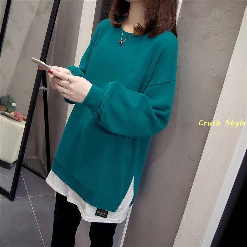 L~4XL 大尺碼 女生長袖T恤 韓版 寬鬆 假兩件 學院風 時尚百搭 ins潮 中長款 上衣 拼接 簡約 CR | 蝦皮購物