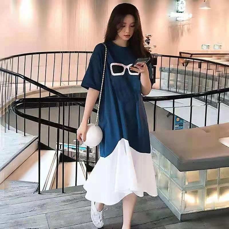 特大碼胖mm2-300斤夏季女寬松顯瘦短袖T恤拼接連衣裙超仙A字裙子 | 蝦皮購物