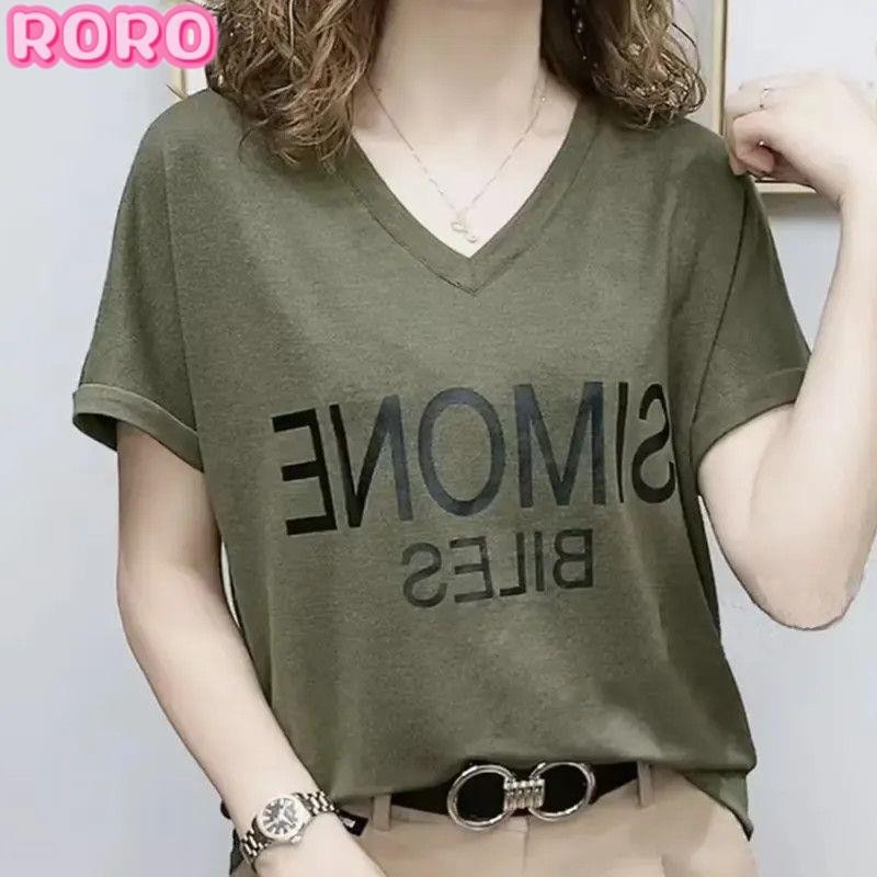 RORO🔸L-5XL 大碼短袖 200斤大碼女裝夏季新款V領寬松顯瘦百搭純棉短袖T恤女中年媽媽裝 | 蝦皮購物