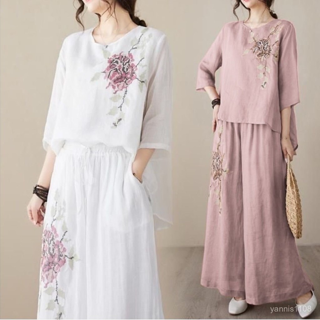 新品 套裝女 套裝夏天 【1978人收藏】棉麻複古刺繡套裝女夏季套頭短袖輕薄闊腿褲顯瘦上衣褲子兩件套裝 EGL4 | 蝦皮購物
