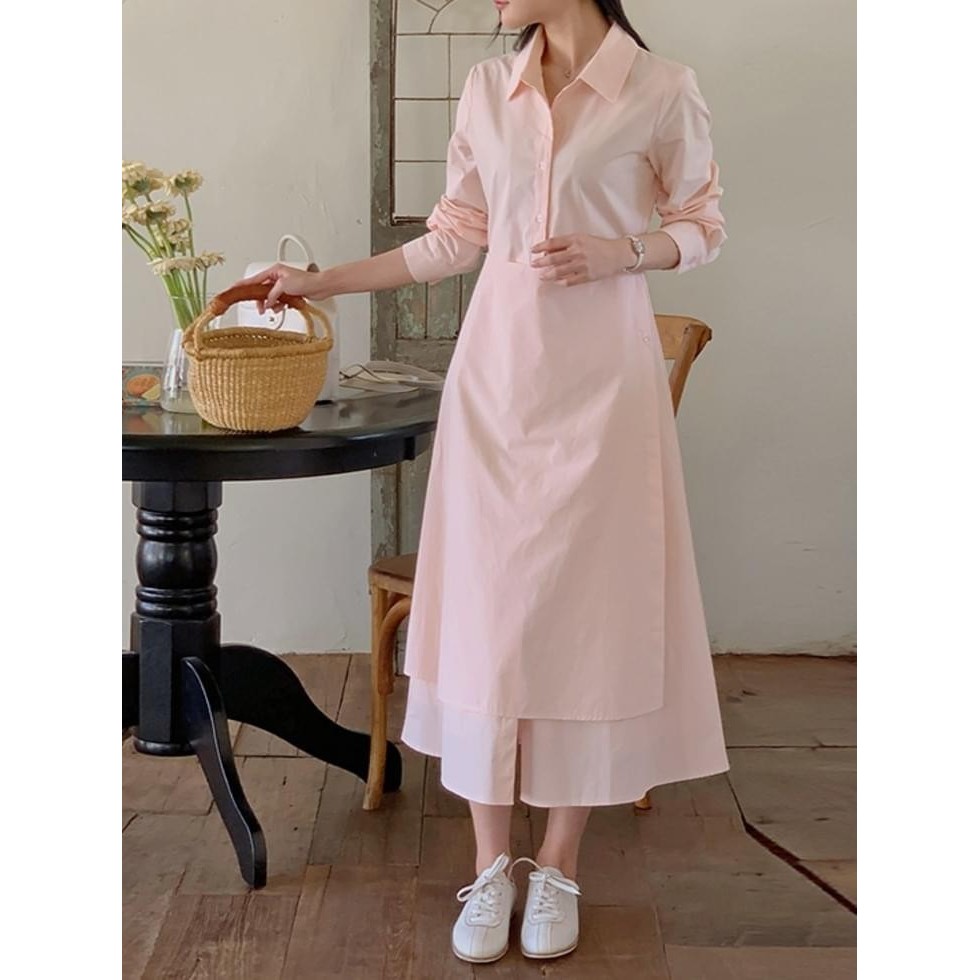 Codibook｜韓國 RIRINCO 優雅淑女風棉質交疊式長版襯衫洋裝[預購]長洋裝 襯衫洋裝 女裝 | 蝦皮購物