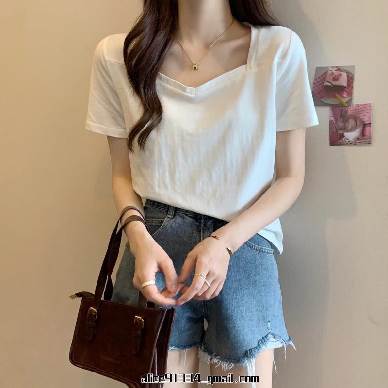 桃園發貨 【特大尺碼M-5XL 40-150kg】 特大尺碼女裝300斤設計感方領短袖T恤夏季新款寬鬆素色正肩上衣ins | 蝦皮購物