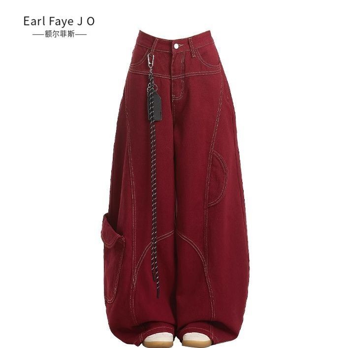 CHIC FLORA EARL FAYE JO美式複古紅色明綫工裝彎刀牛仔褲女解構設計感闊腿褲 | 蝦皮購物