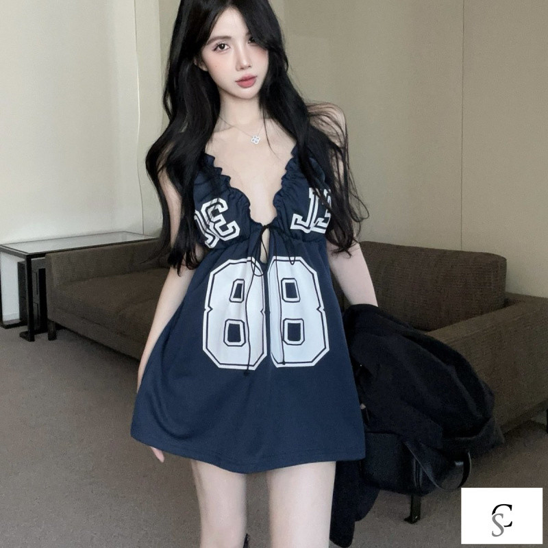 【XL-8XL大尺碼】👩吊帶背心 大尺碼女裝 寬鬆 顯瘦300斤大碼性感辣妹風深V領連衣裙女秋字母印花休閒a字裙露背短 | 蝦皮購物