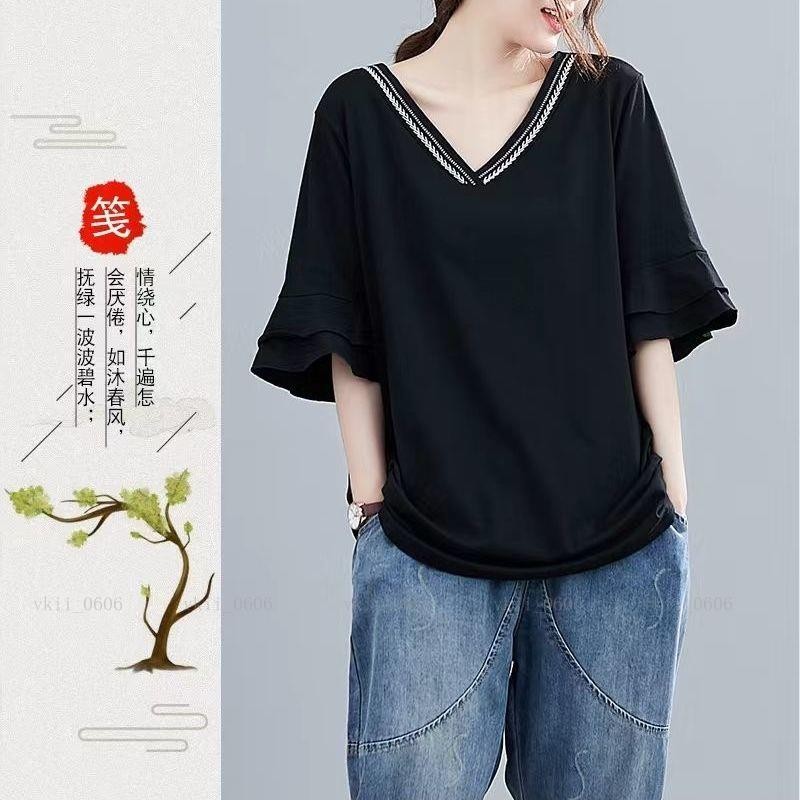 【特大尺碼M-5XL 40-150kg】2-300斤V領大尺碼女裝夏季短袖胖mm寬鬆顯瘦遮肚子潮刺繡荷葉袖T恤vk1 | 蝦皮購物