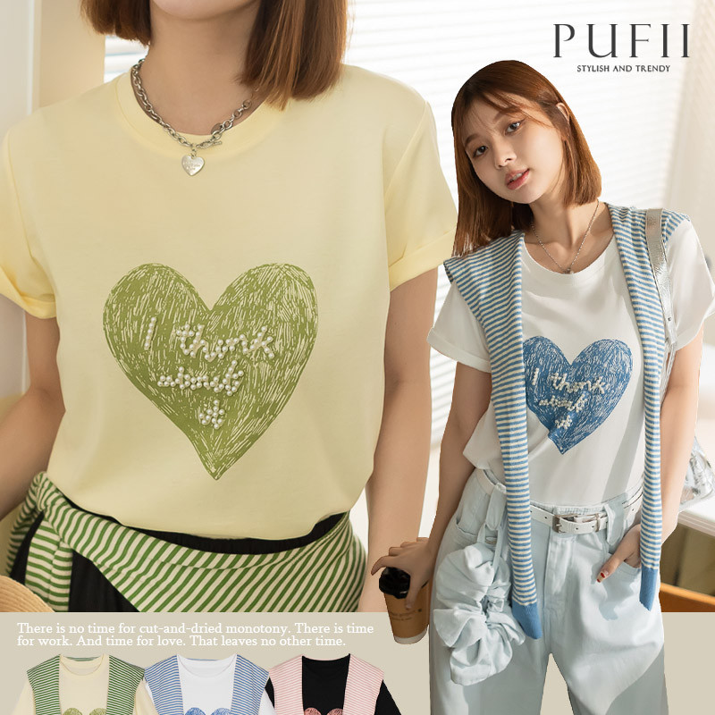 PUFII-T恤 塗鴉愛心英字珍珠T恤上衣(附披肩)-0407 現+預 春【CP30888】 | 蝦皮購物